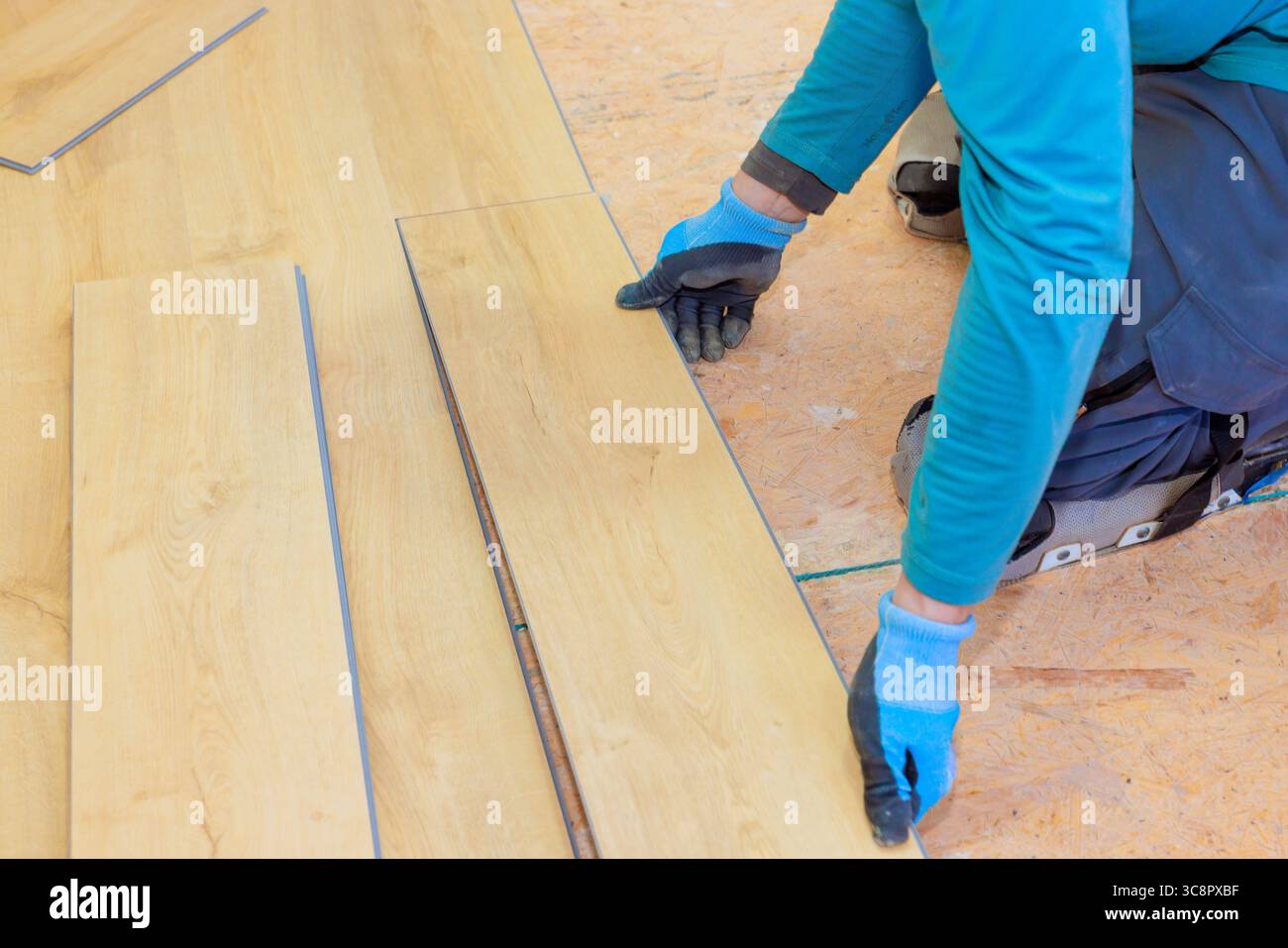 Skilled worker installs wooden floor planks in home, ensuring precise ...
