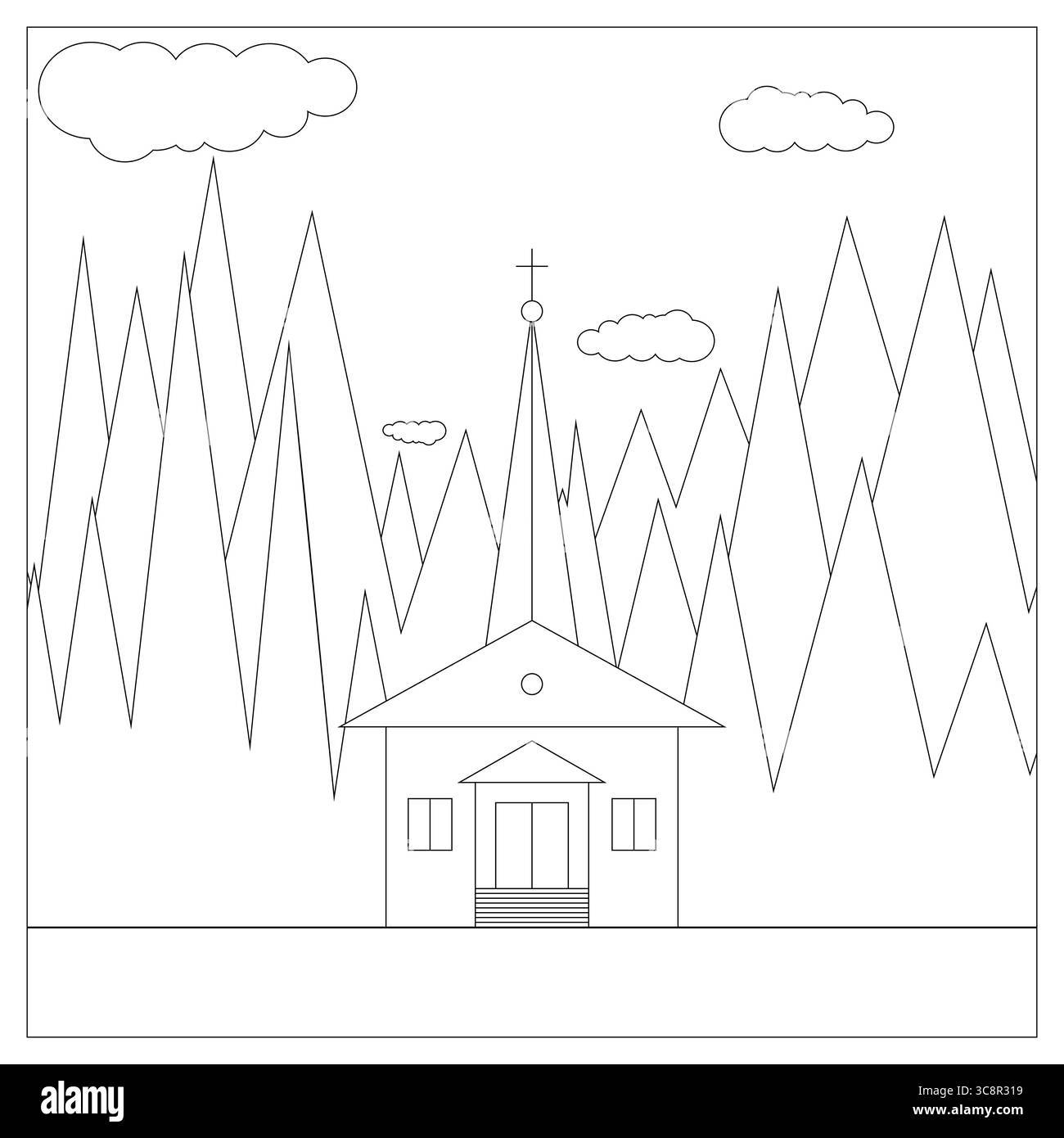 Line art cabin. Forest sketch vector. Mountain background outline ...