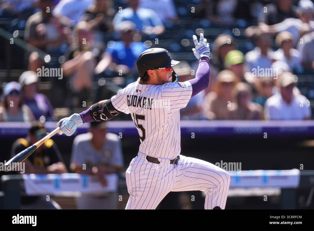 Colorado Rockies catcher Hunter Goodman (15) in the seventh inning of a ...