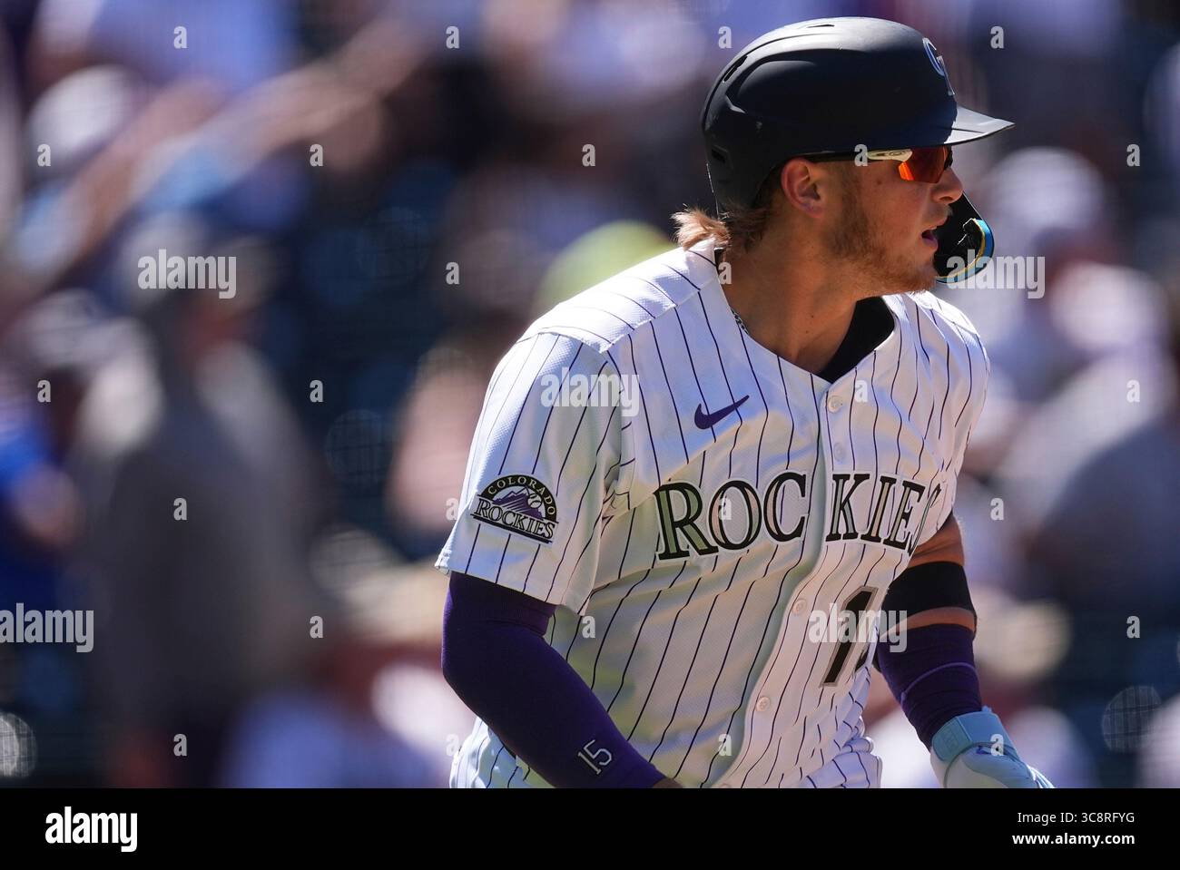 Colorado Rockies catcher Hunter Goodman (15) in the sixth inning of a ...
