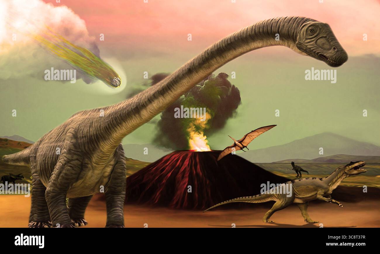 Illustration of dinosaurs fleeing a prehistoric volcanic eruption Stock ...