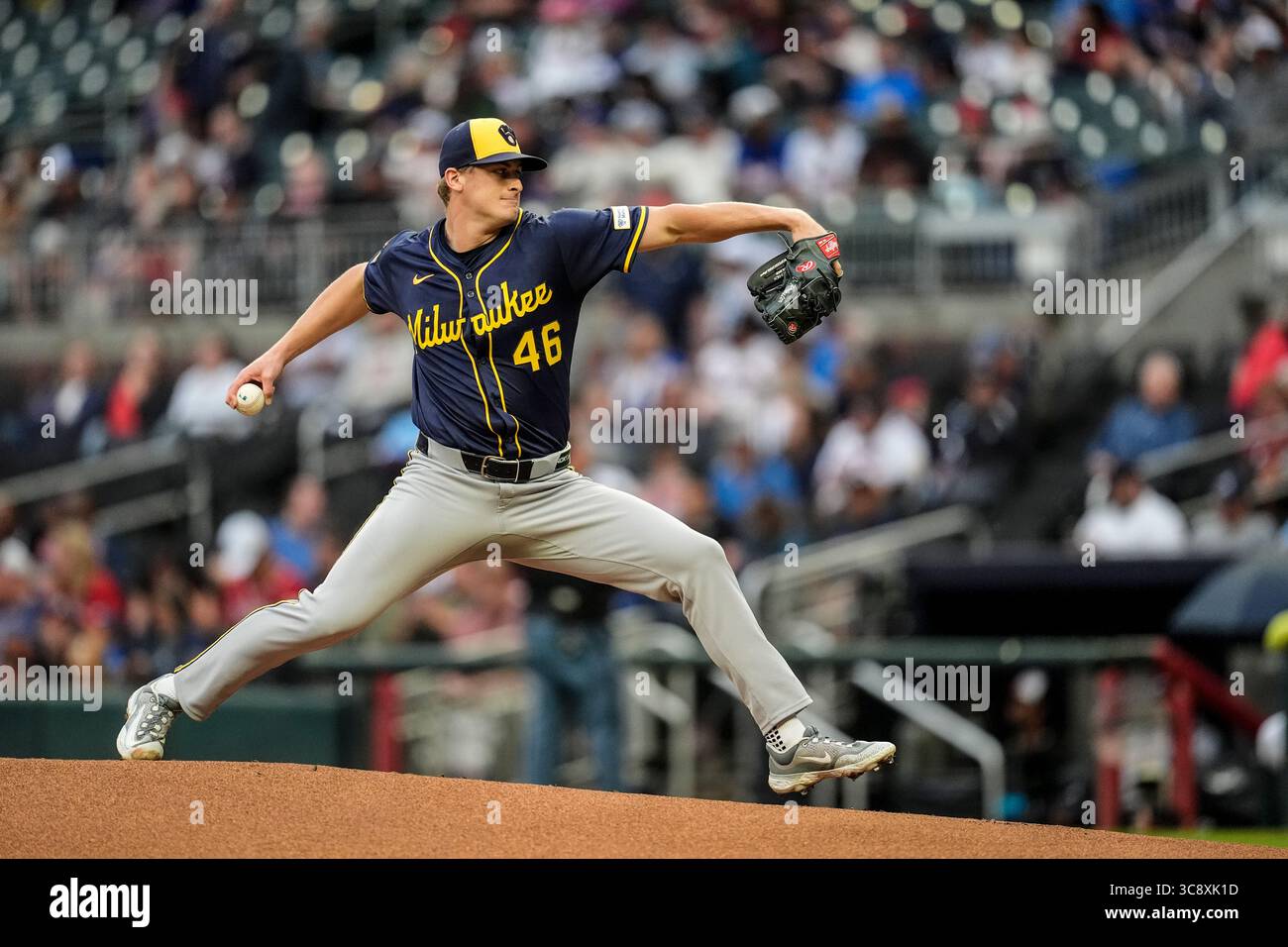 Milwaukee Brewers pitcher Quinn Priester (46) works against the Atlanta ...