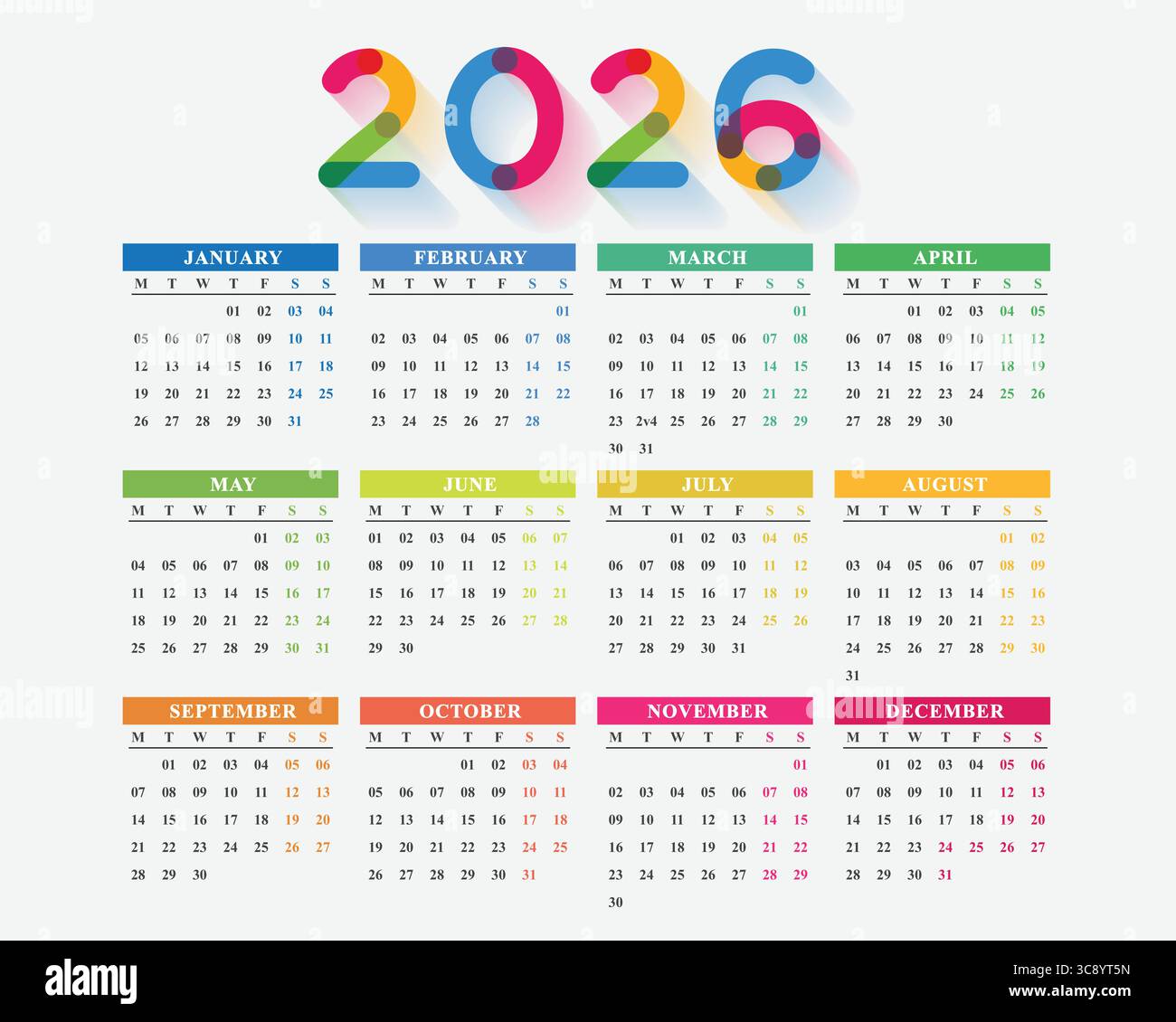 Colorful 2026 calendar vector hi-res stock photography and images - Alamy