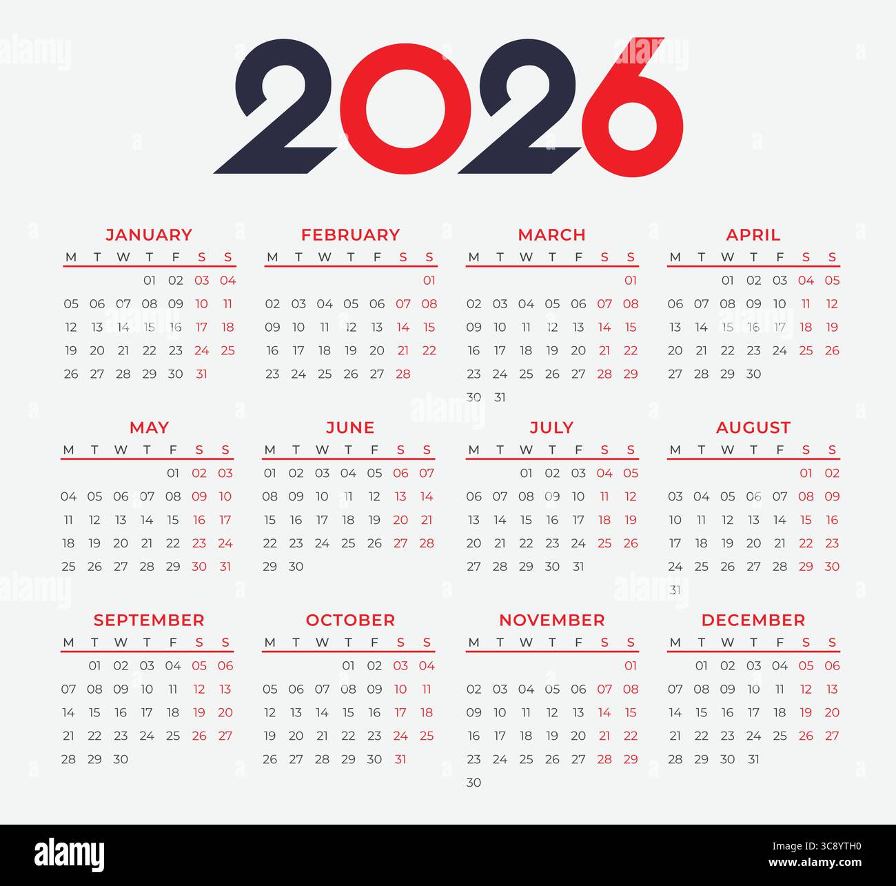 One page calendar 2026 Stock Vector Images - Alamy