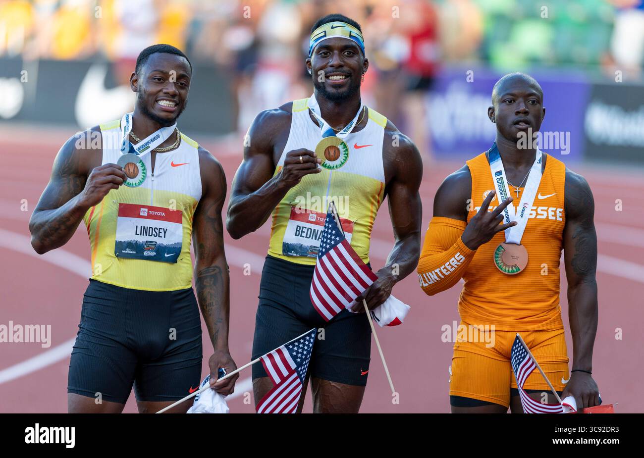 August 01 2025 Eugene, OR 100 meter athletes Courtney Lindsey, Kenny ...