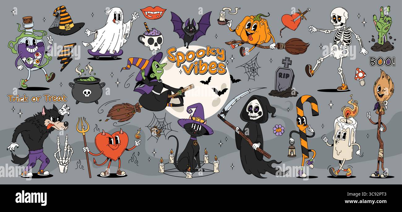 Cartoon groovy Halloween characters and symbols, vector horror holiday ...