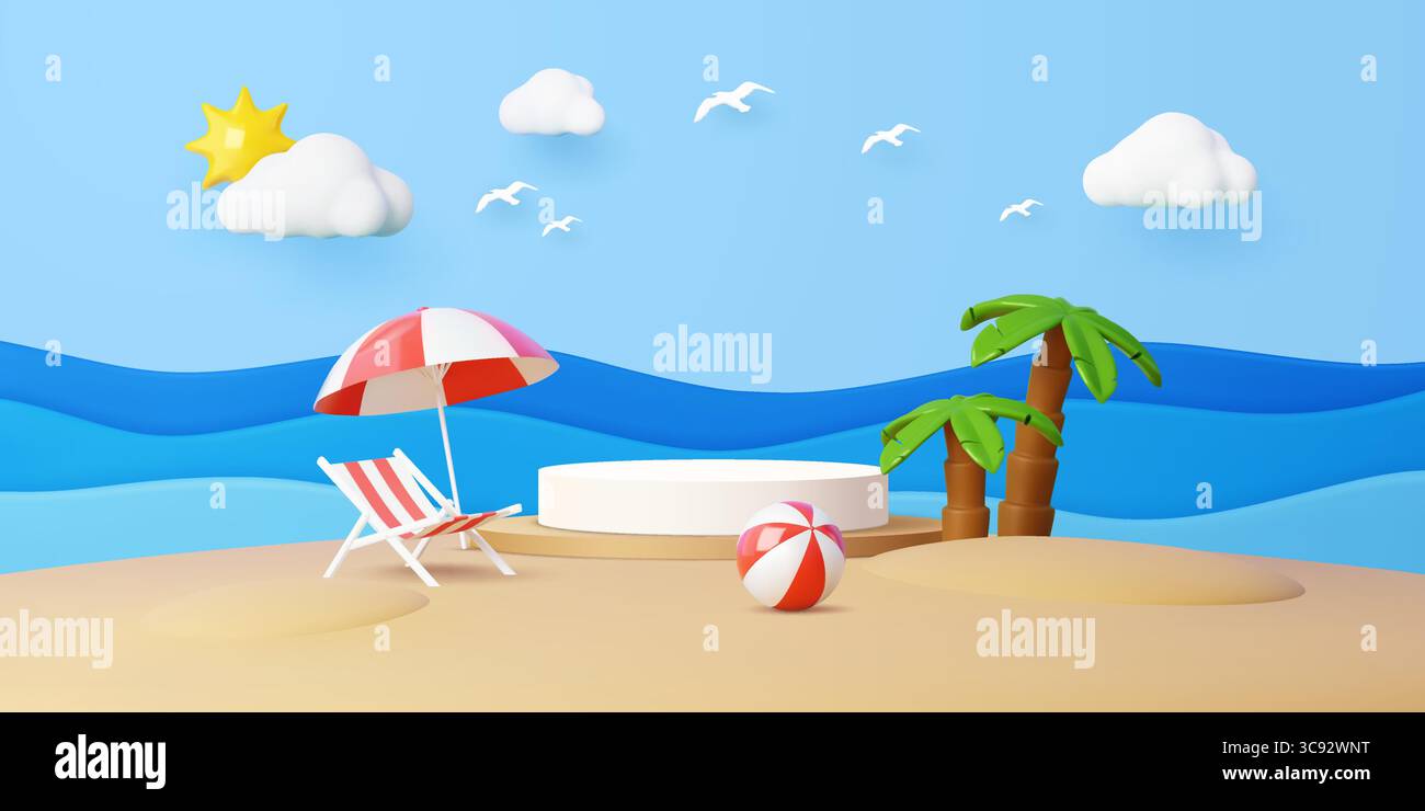 Summer beach podium stage with palms and chaise longue. 3d vector ...