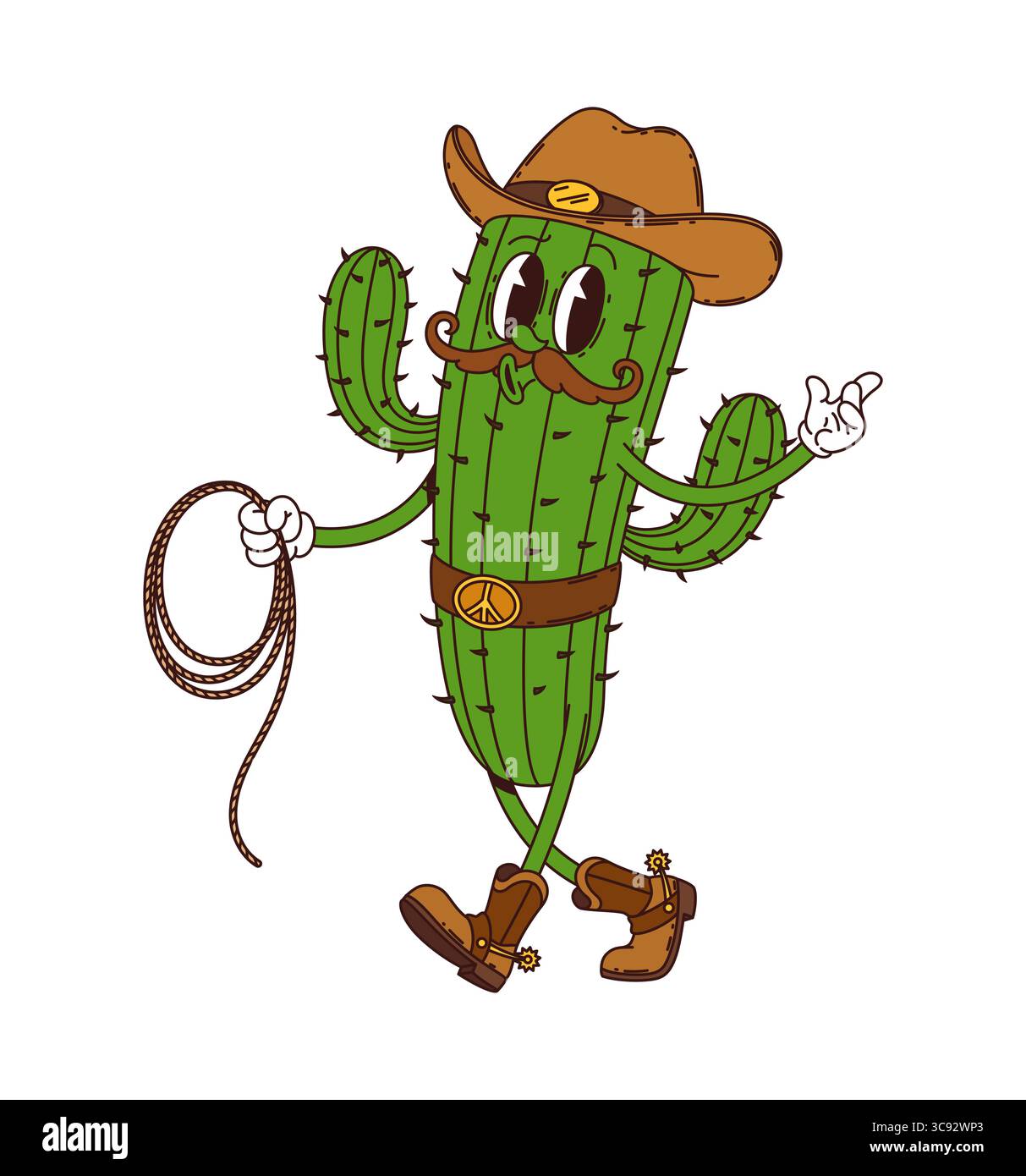 Groovy wild west cactus cowboy character with lasso rope. Cartoon ...