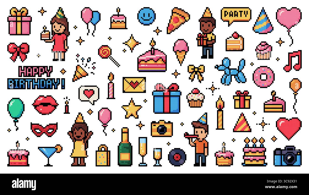 Birthday holiday 8bit pixel game icons and pictograms. Vector retro ...