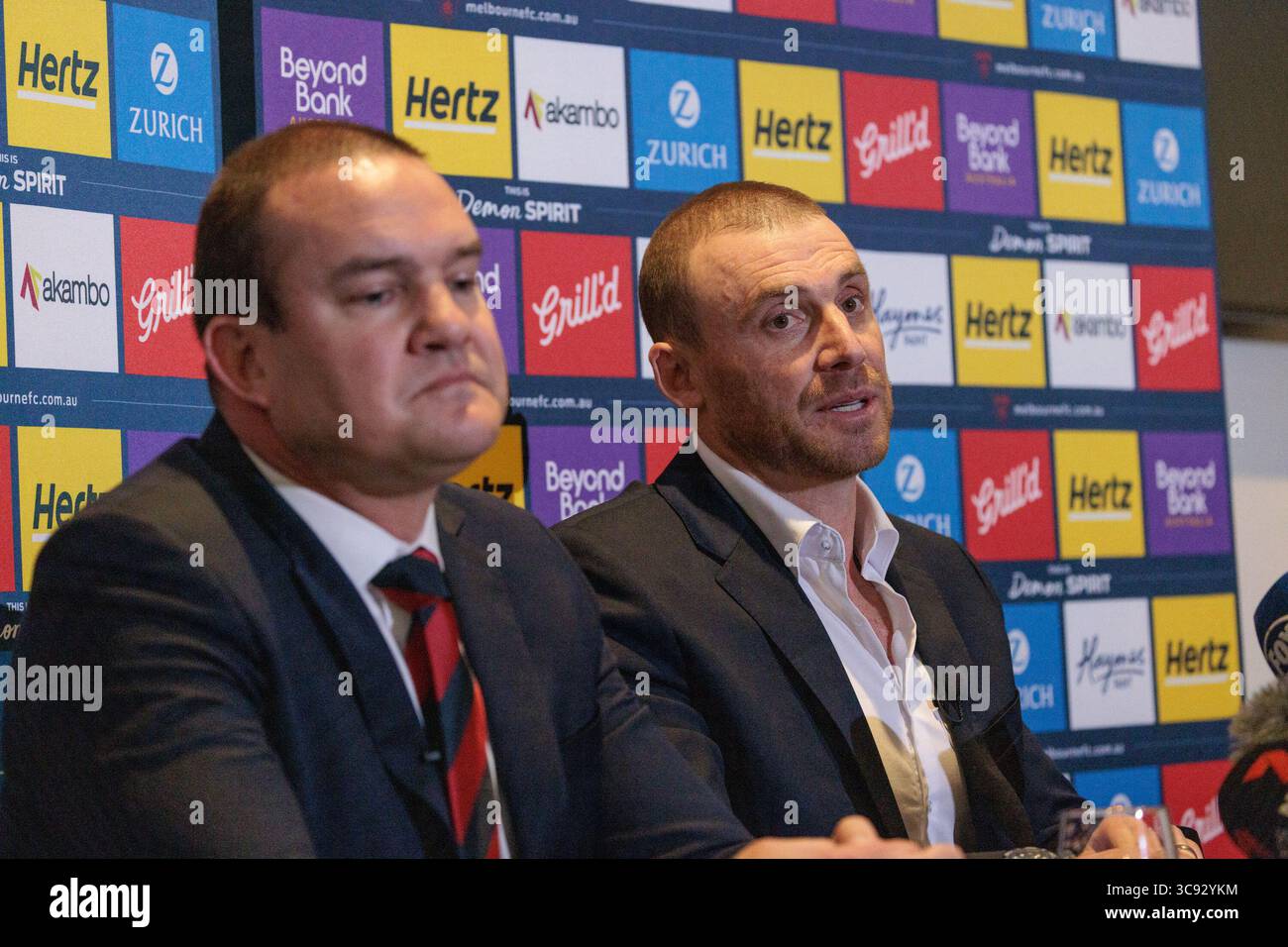 Simon Goodwin and Brad Green speaks to media during a press conference ...