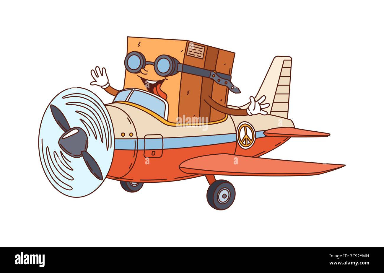 Cartoon groovy delivery cardboard box character flying on the airplane ...