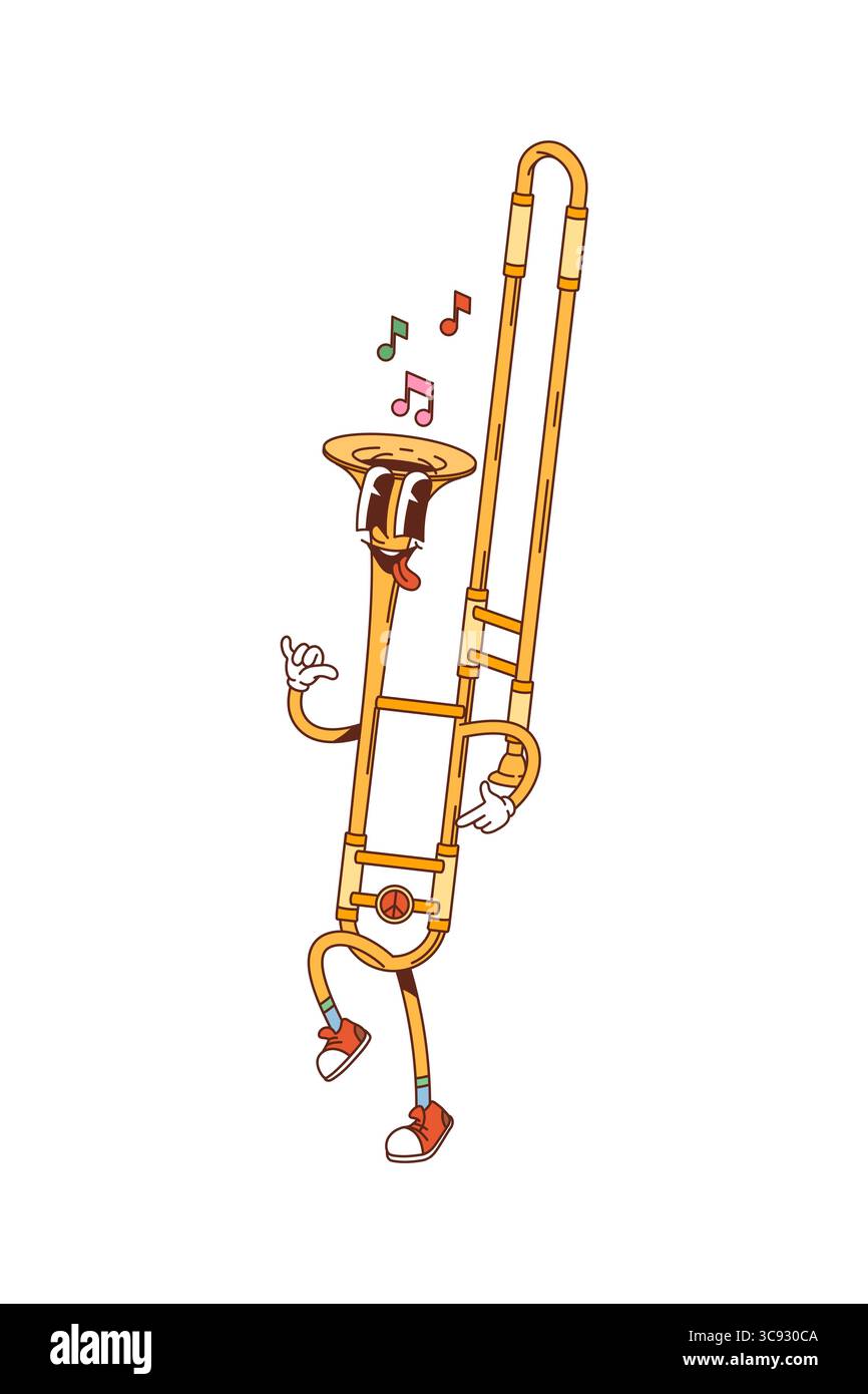 Cartoon groovy trombone sound musical instrument character playing a ...