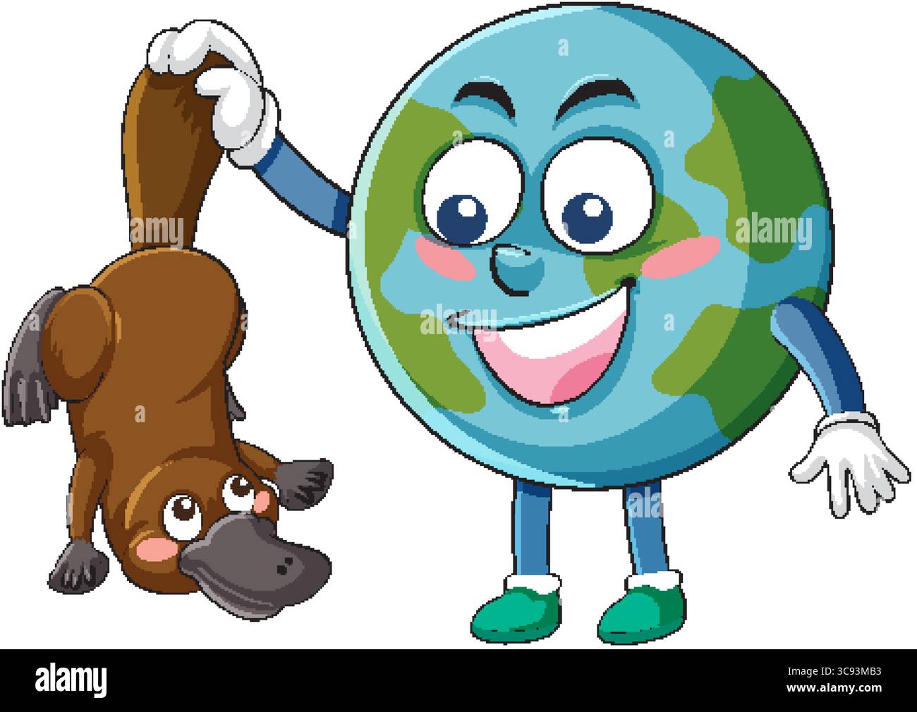 Vector cartoon of a smiling Earth character holding a playful platypus ...