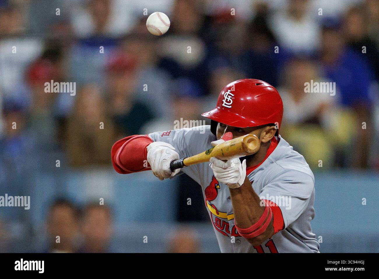 St. Louis Cardinals' Victor Scott II bunts during the ninth inning of a ...