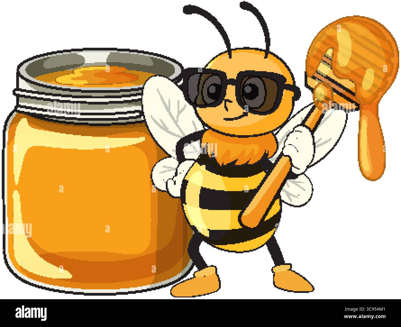 A playful bee character holding a honey dipper beside a large honey jar ...