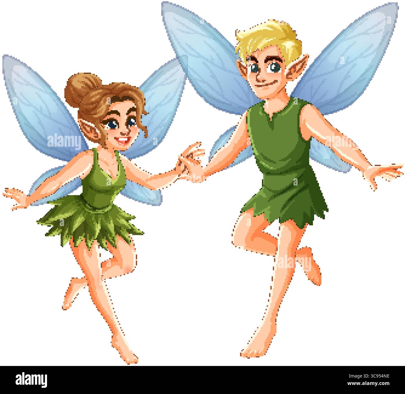 Two fairies with blue wings and green outfits, rendered in vibrant ...