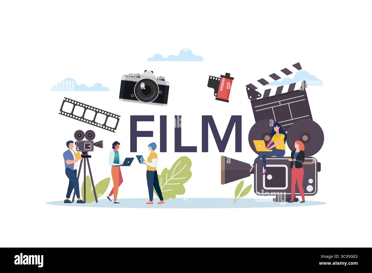 Film and media class with miniature people. School education vector ...