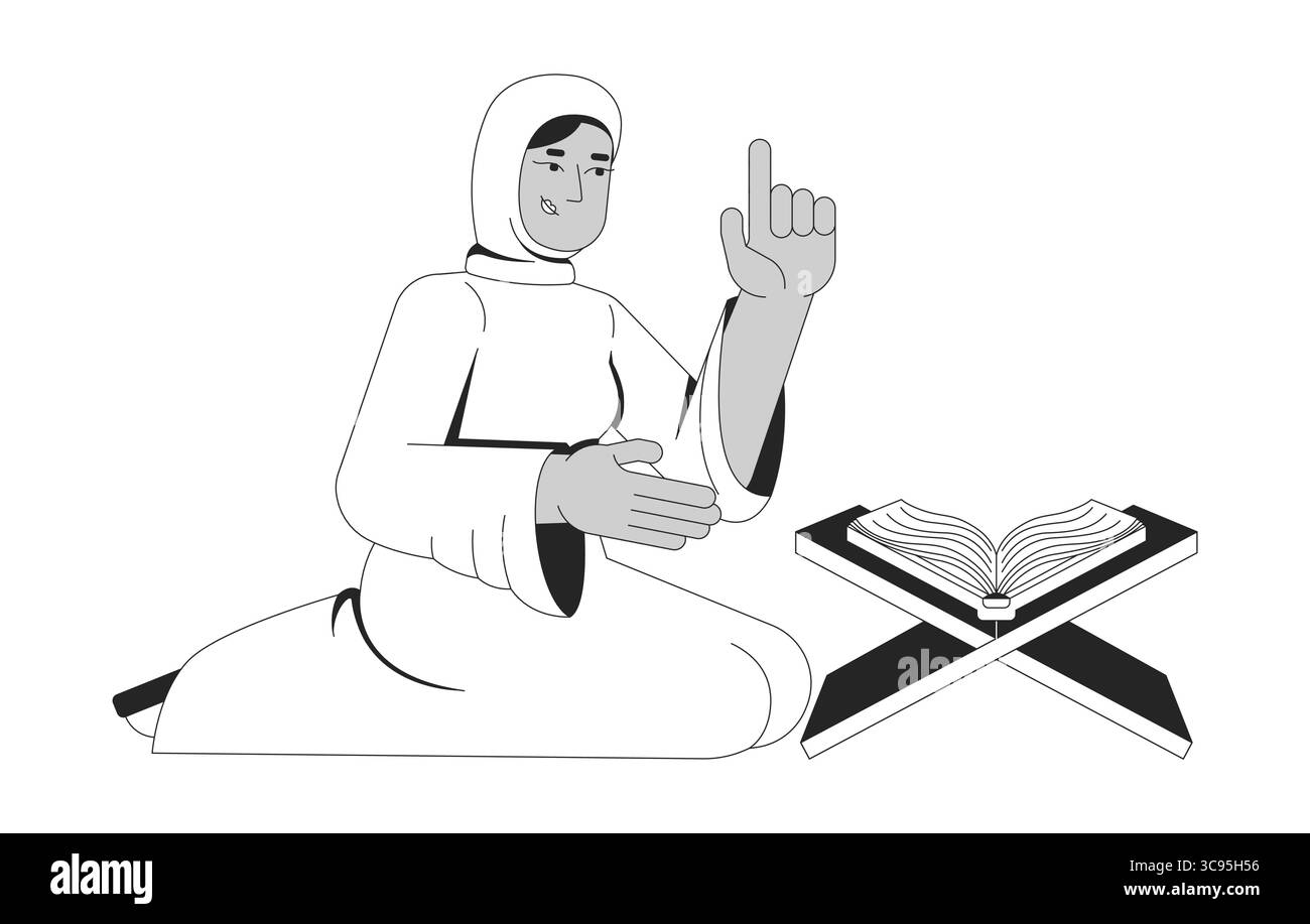 Muslim woman in hijab reciting Quran 2D line character Stock Vector ...
