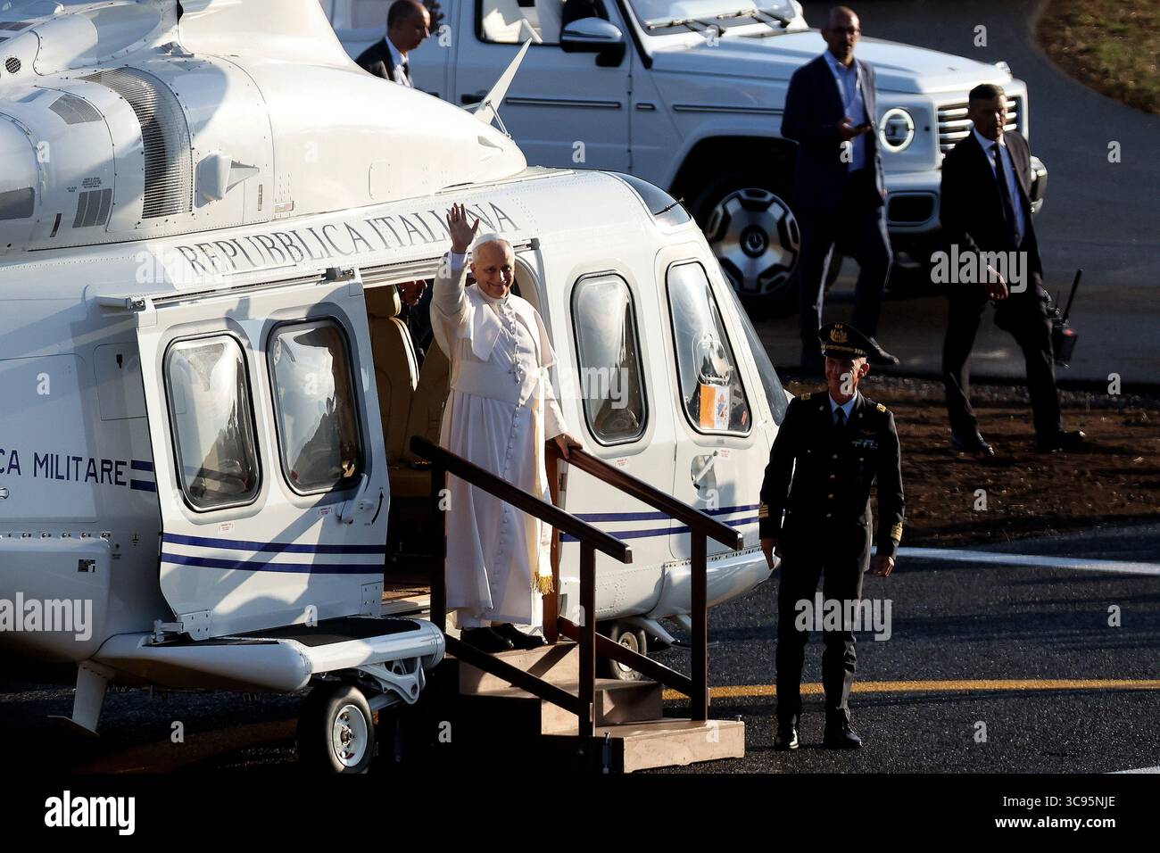 Rome, Italy - August 3rd, 2025: The Pope arrives by helicopter. Pope ...