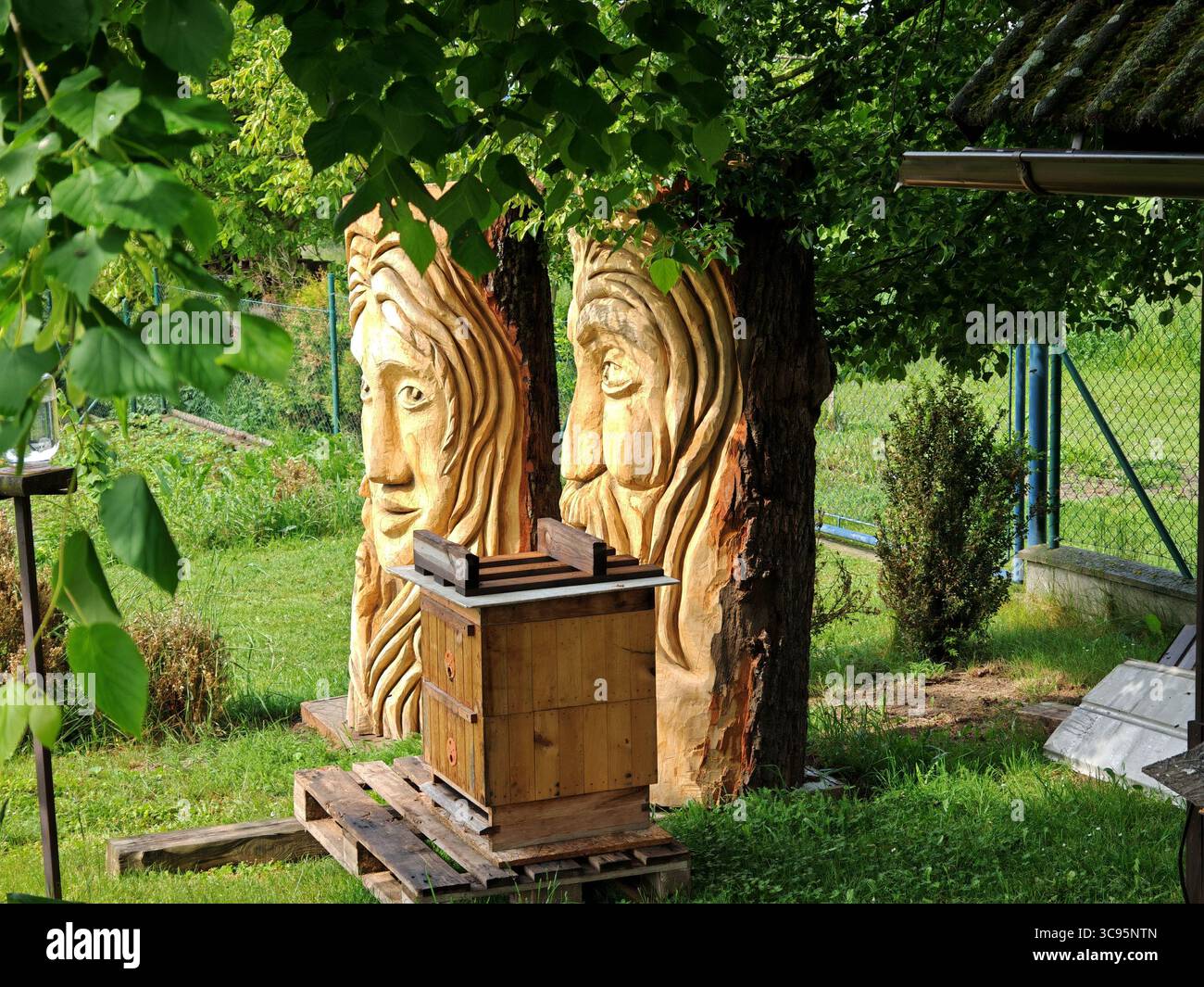 Traditional beekeeping farm with wooden hives in Klaty, Czech Republic ...