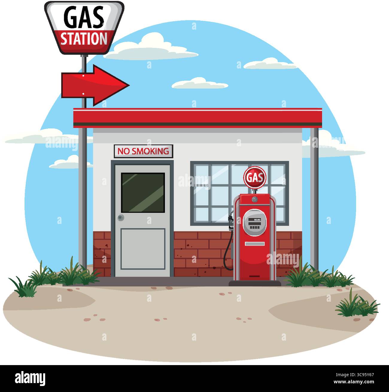 Vector illustration of a small vintage gas station with a classic red ...