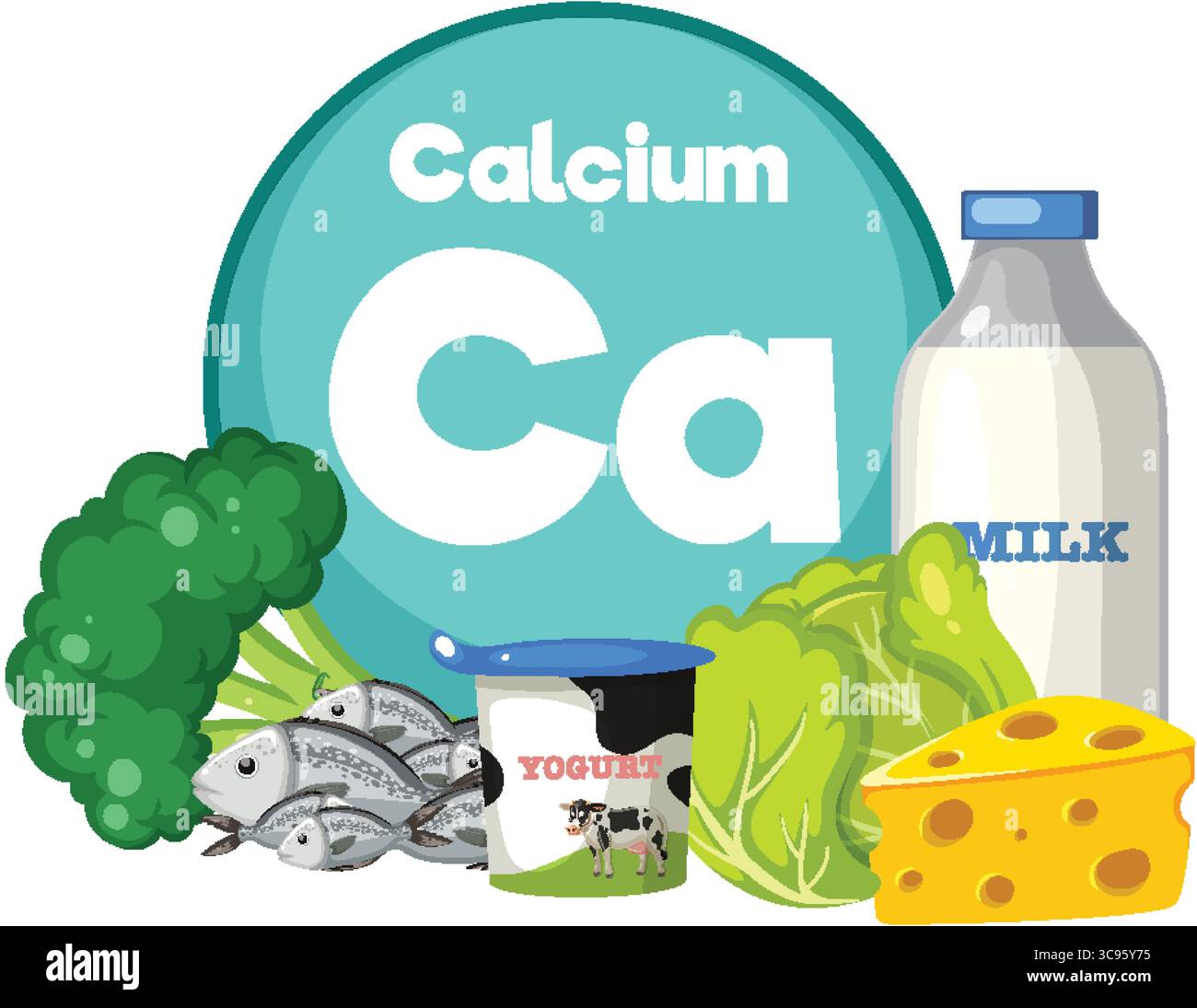 Vector illustration of calcium-rich foods including milk, cheese ...