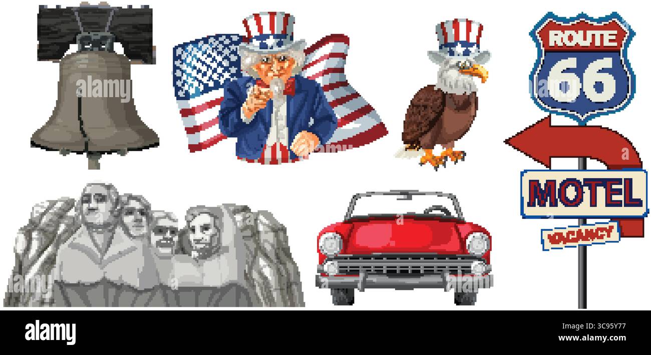 Collection of classic American symbols in vibrant vector style ...