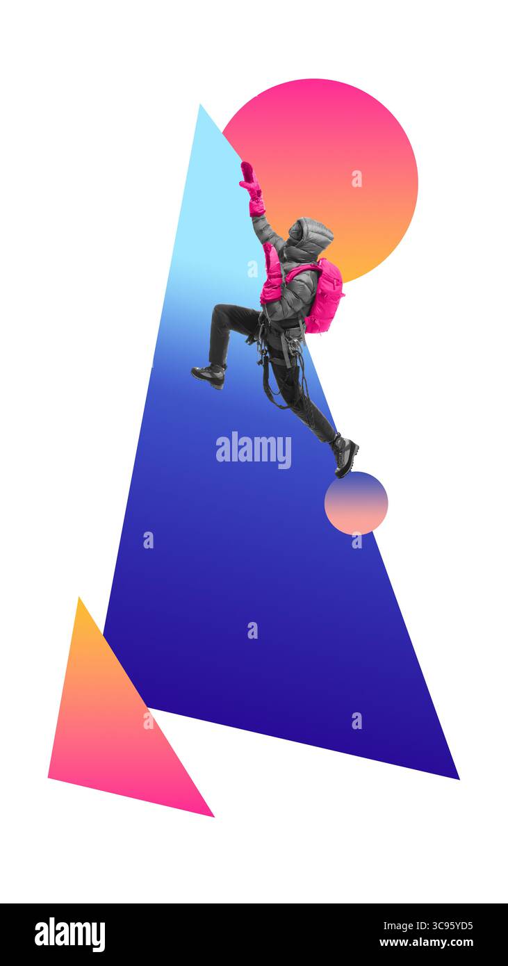 Modern composition of female climber in pink gloves and backpack ...