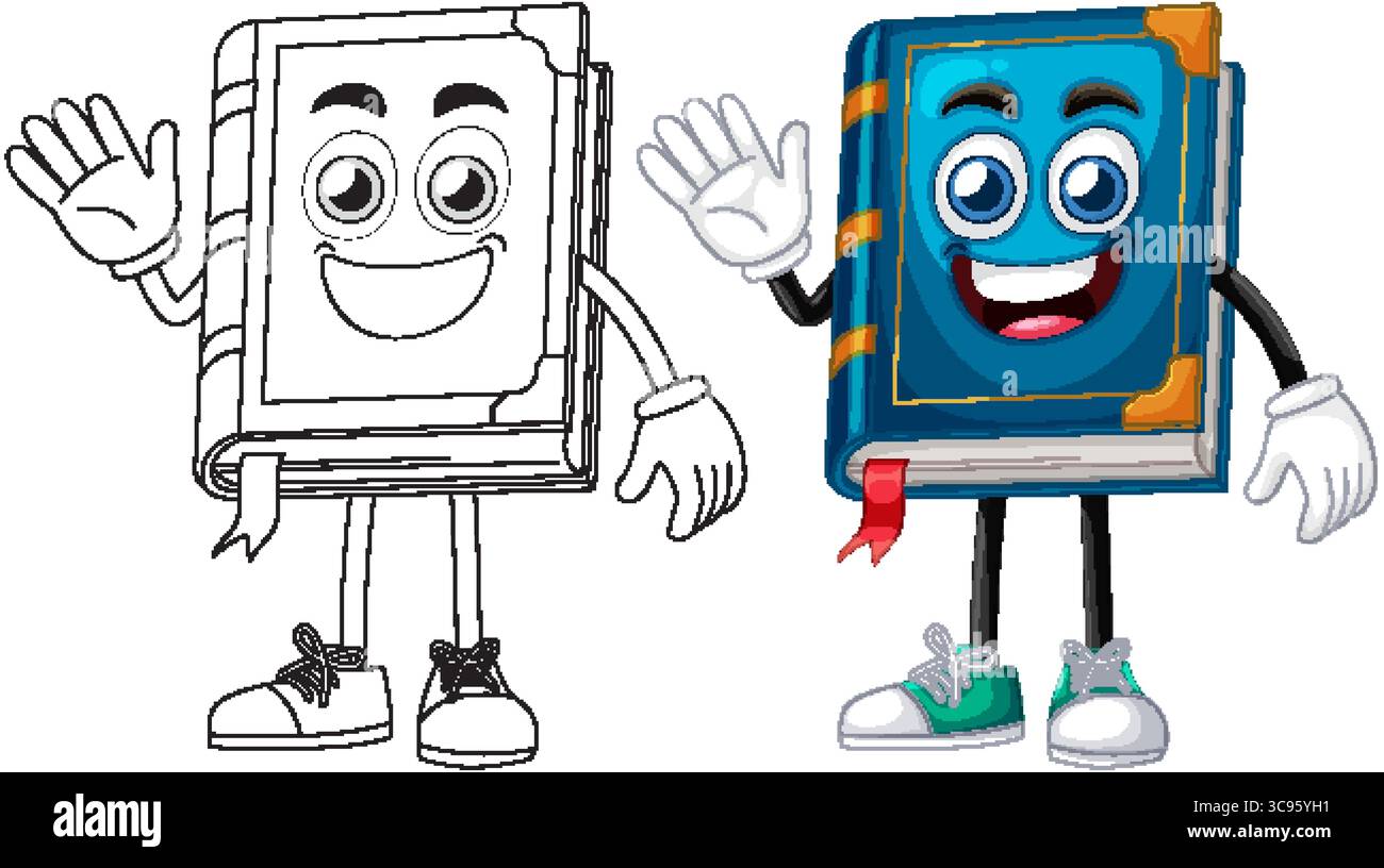 Vector illustration of two animated book characters, one colored and ...