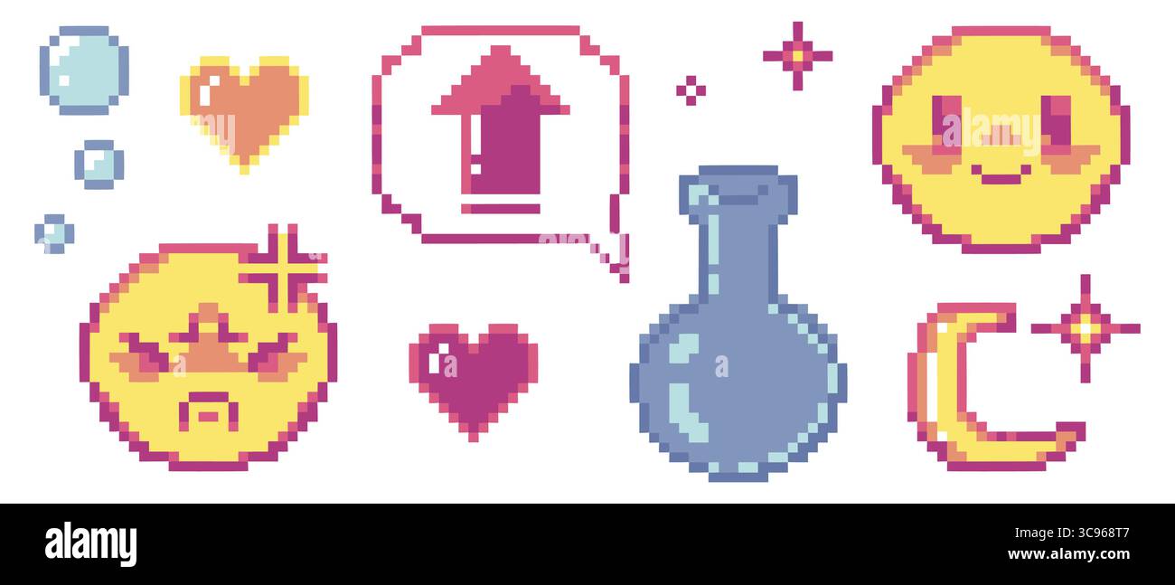 Y2k pixel icons with game elements - bubble orbs, power up arrow ...