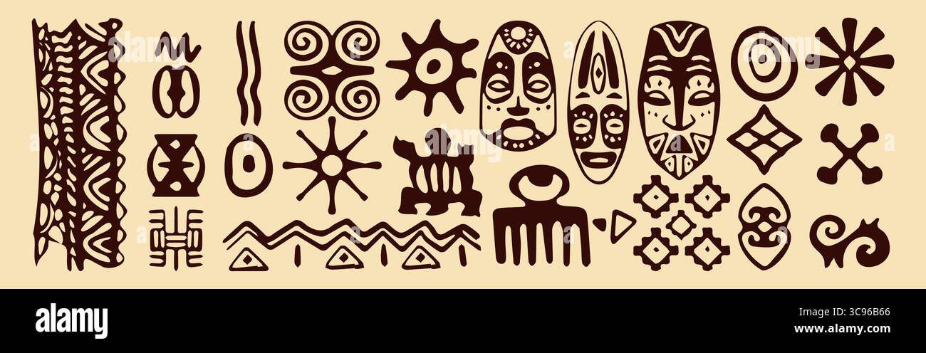 African tribal symbols and doodle patterns with masks, geometric shapes ...