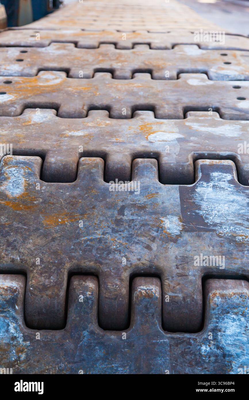 Close-up of metal tracks of a crawler crane. Chassis tracked vehicles ...