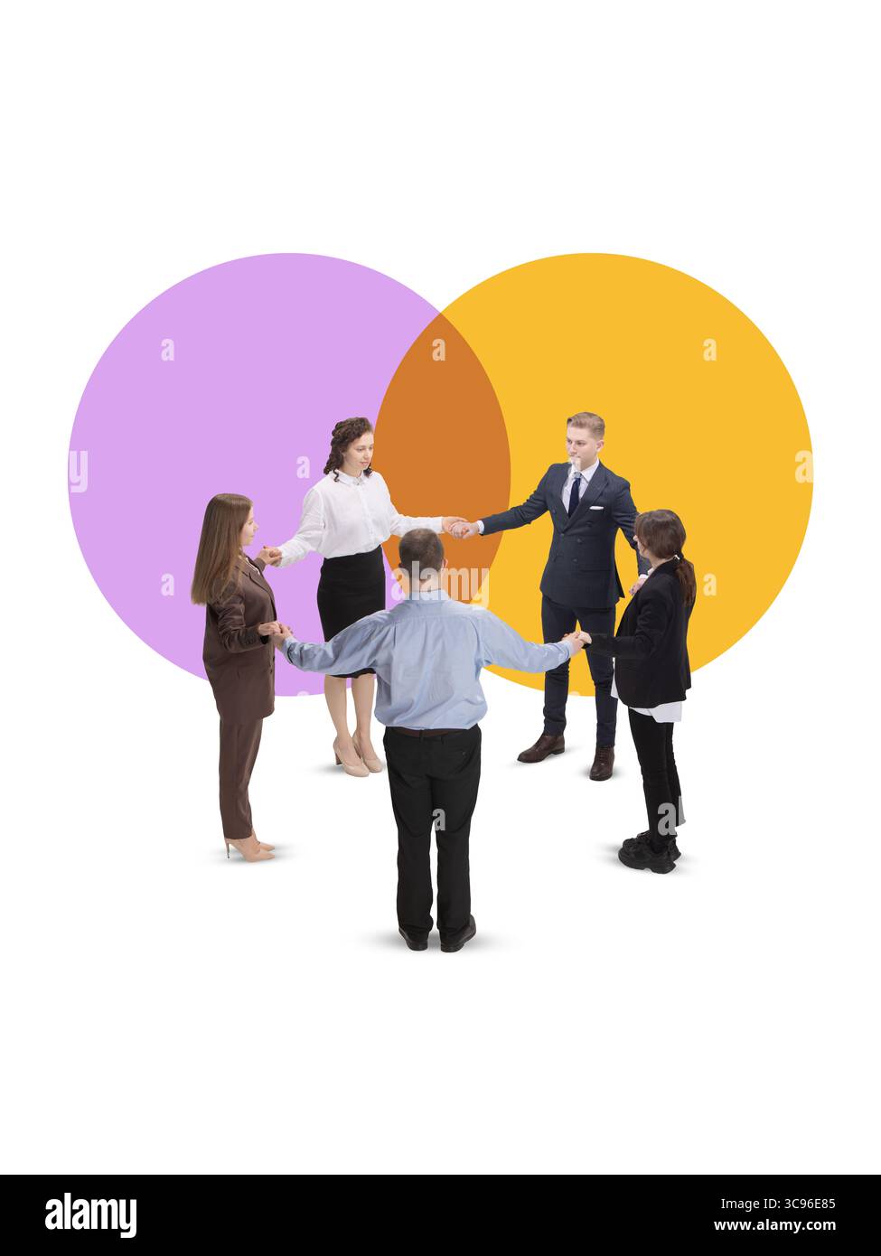 Collage of diverse business team holding hands inside overlapping ...