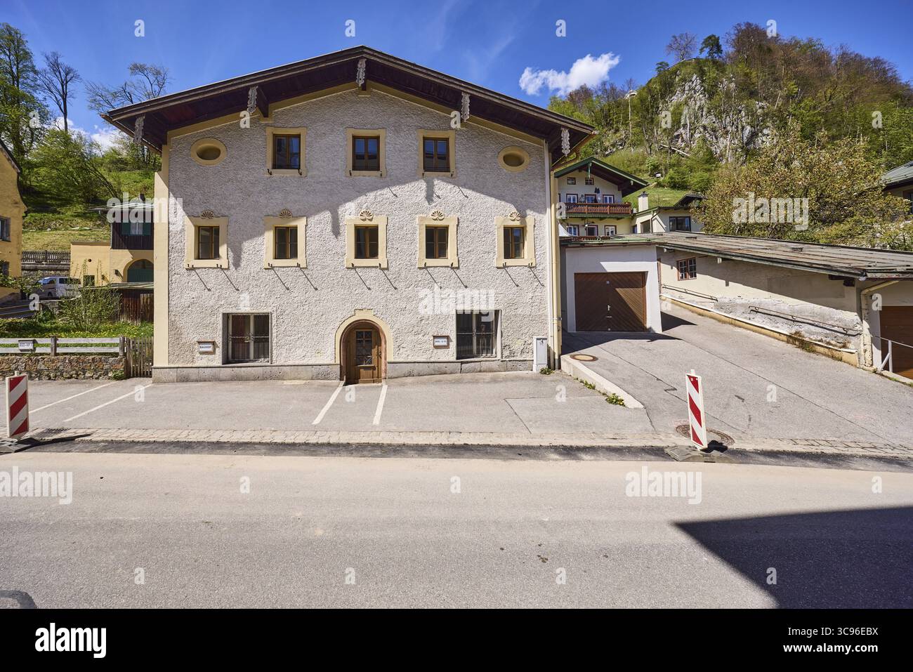 Historic building, garage, facade, window, door, mountain landscape ...