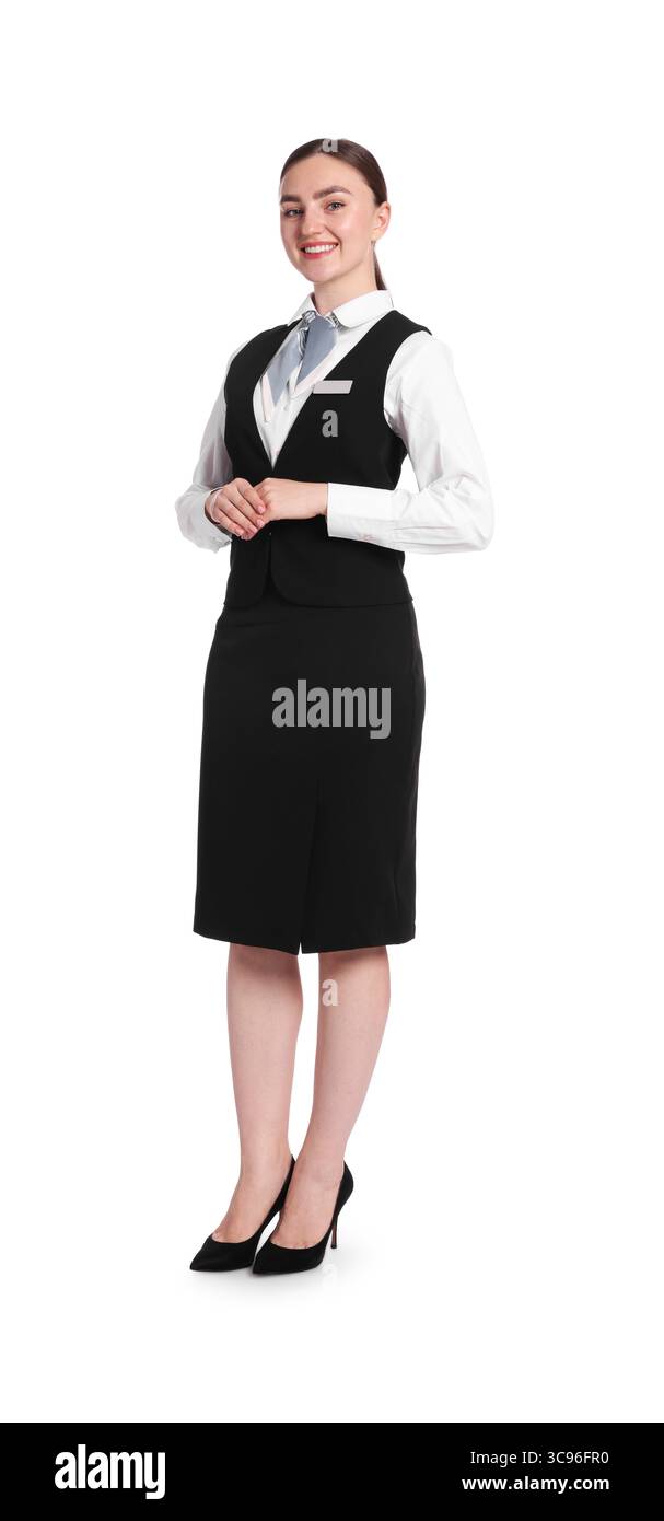 Smiling receptionist in uniform on white background Stock Photo - Alamy