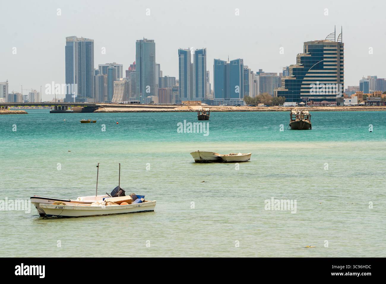 Manama, Bahrain - 29 May 2022: View of boats bobbing gently on the ...