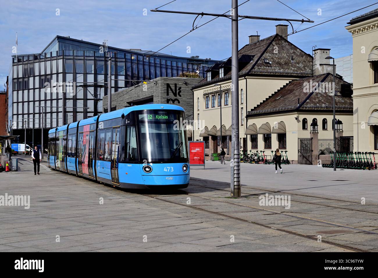 An electric tram at Aker Brygge in central Oslo (Line 12 Stock Photo ...