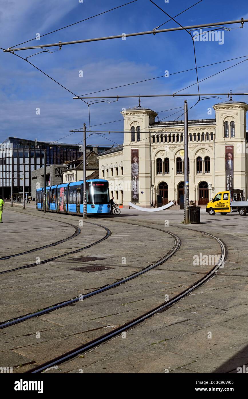 An electric tram passing the Nobel Peace Center in central Oslo (Line ...