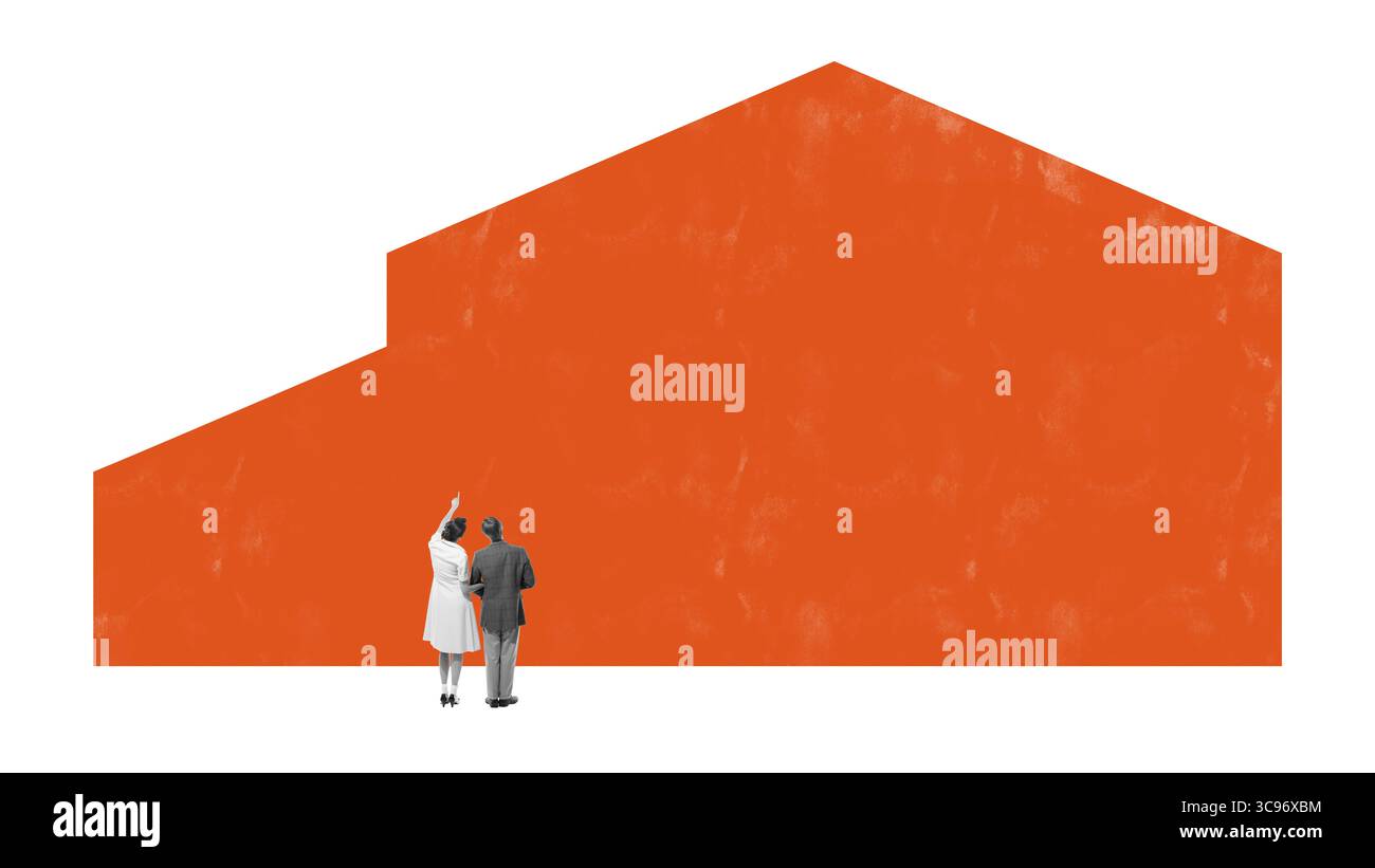 Collage template of two people pointing at large red-orange shape with ...