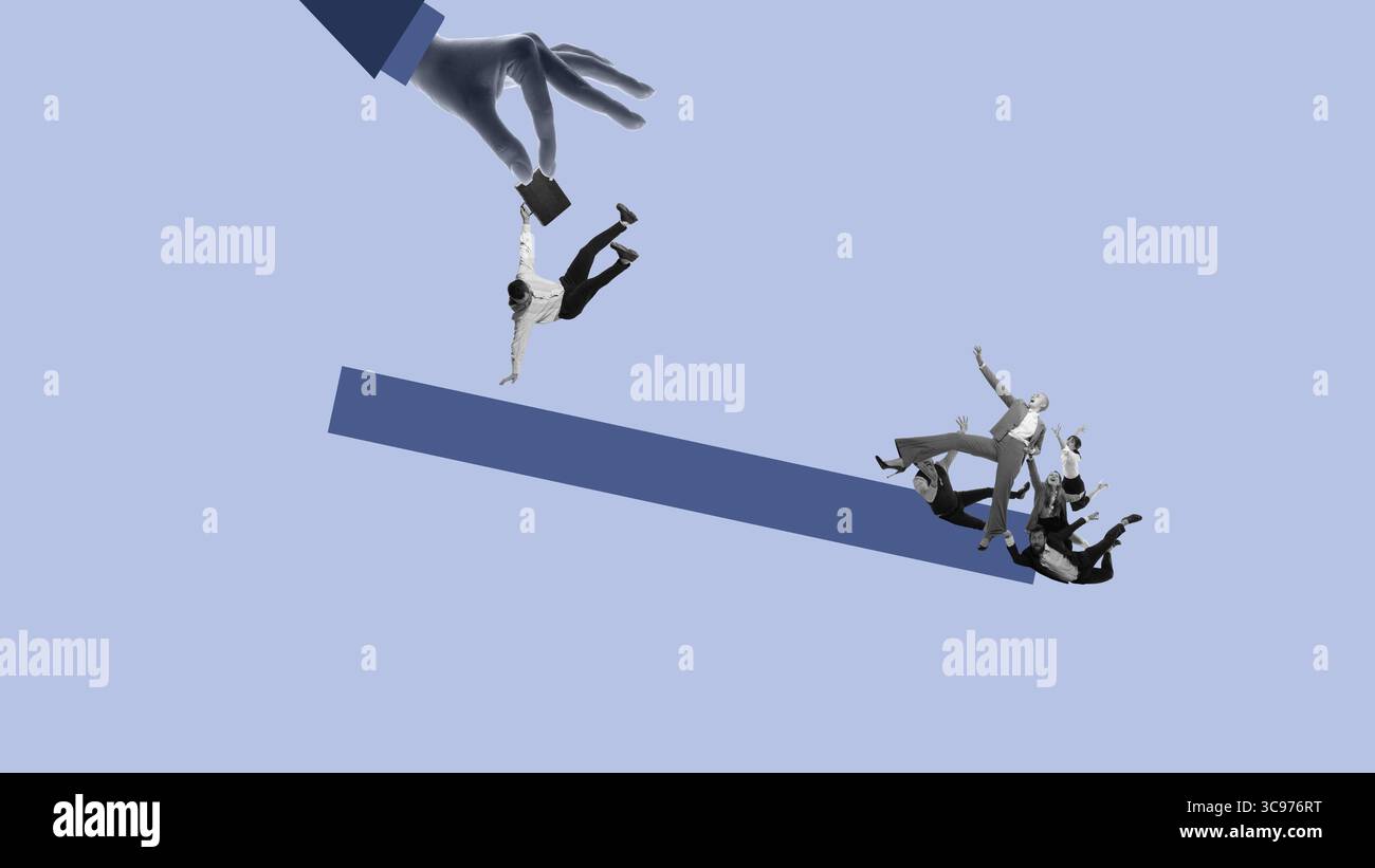 Digital collage of hand dropping businessman as team collapses below ...