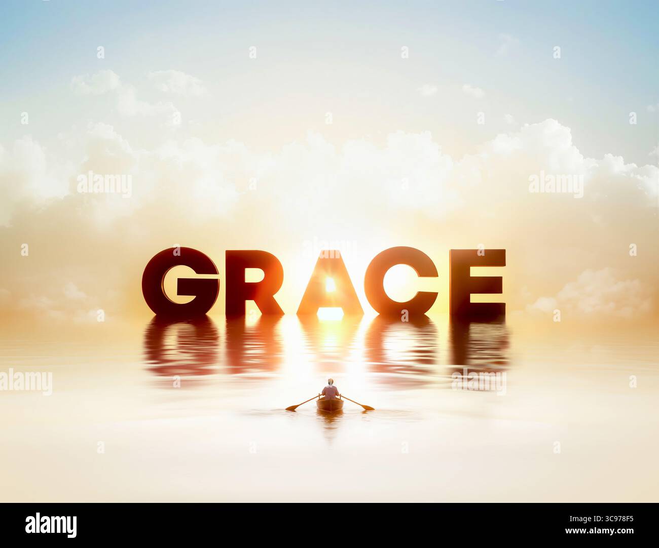 Christian rowing on the sea of grace with bright light, concept of God ...