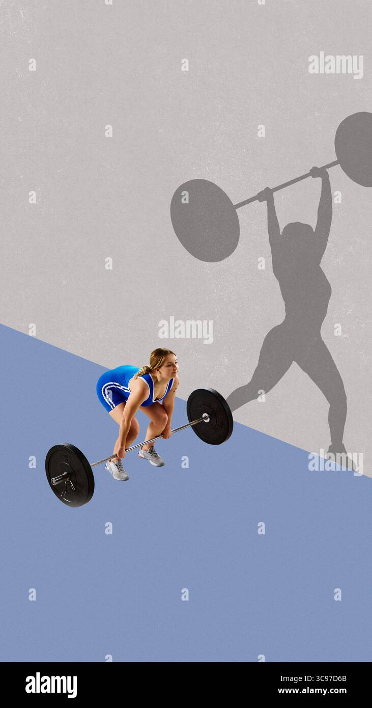 Surreal collage of focused female weightlifter preparing to lift with ...