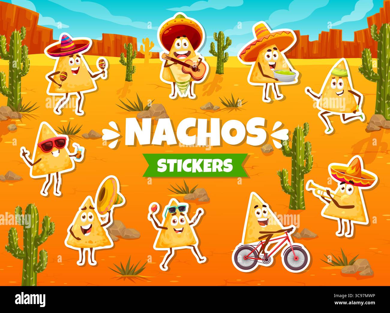 Cartoon nachos chips characters stickers pack. Mexico tortilla snack ...