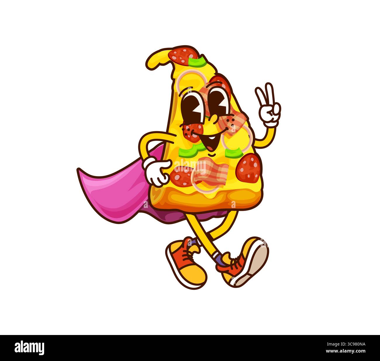 Cartoon groovy fast food pizza superhero character. Takeout cafe meal ...