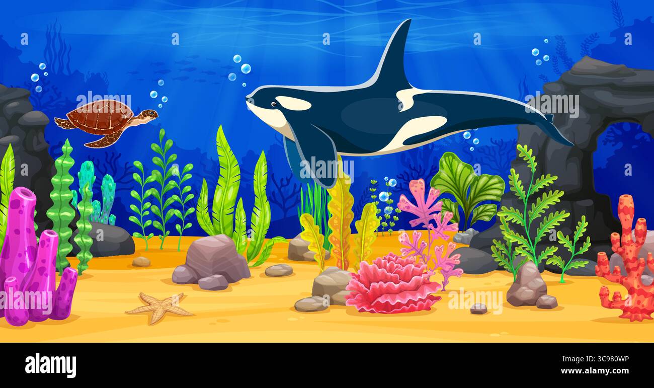 Underwater game background with killer whale, seaweeds and sea turtle ...