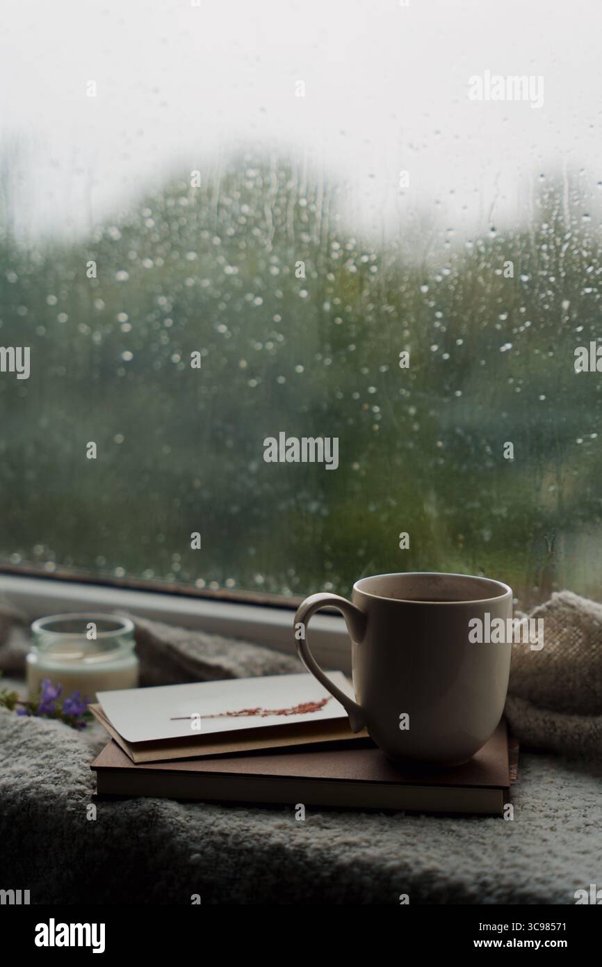 Moody and cozy fall autumn background, rain day window with book and ...