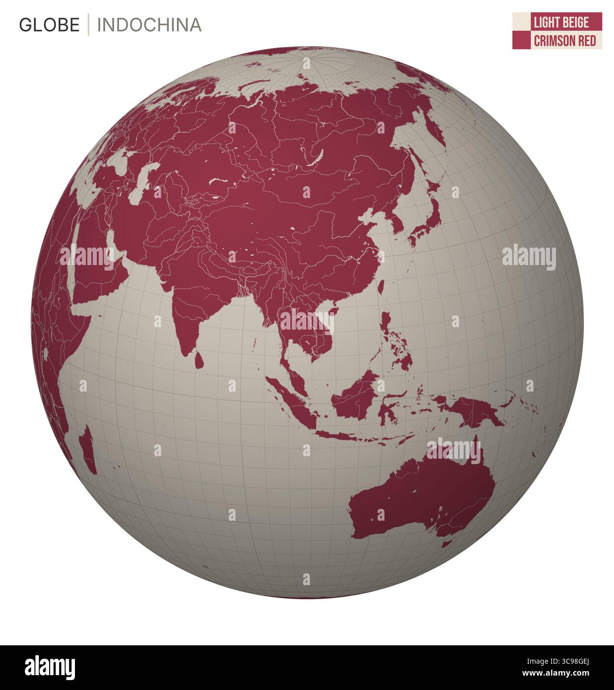 Vector Globe centered to Indochina. Light Beige Crimson Red palette ...
