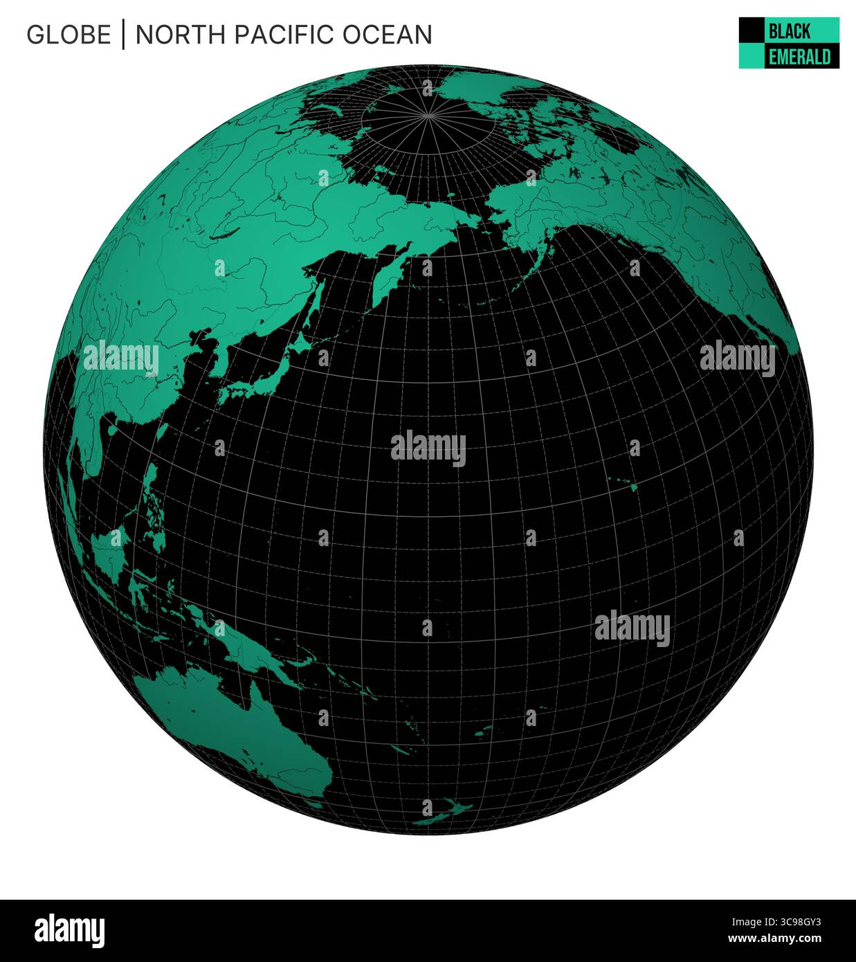 Vector globe centered on the North Pacific Ocean. Black Emerald palette ...