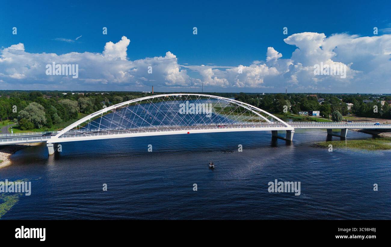 Modern White Rääma Arch Bridge Over Pärnu River - Aerial View, Estonia ...