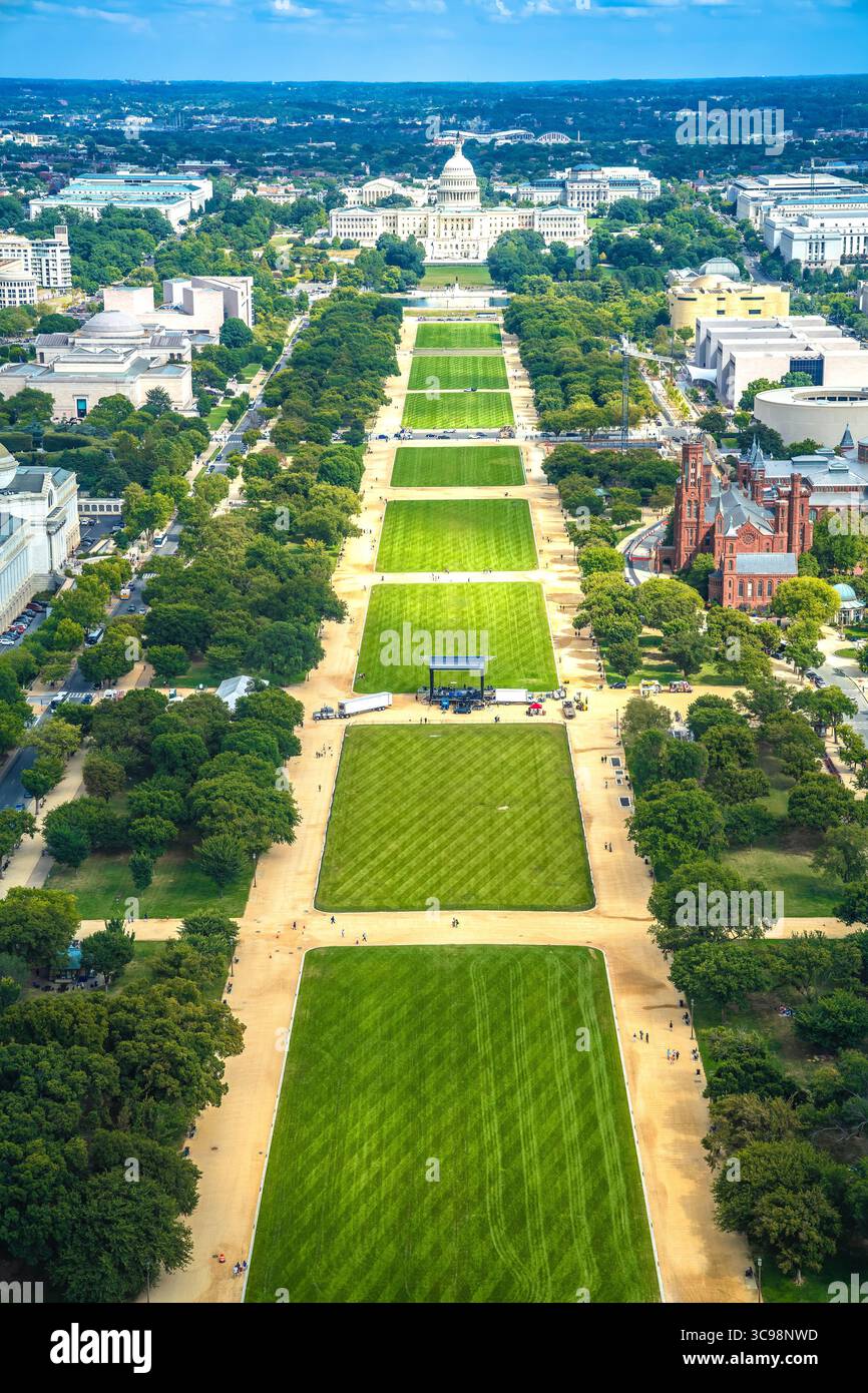 Washington DC cityscape aerial panoramic view, US Capitol and the mall ...